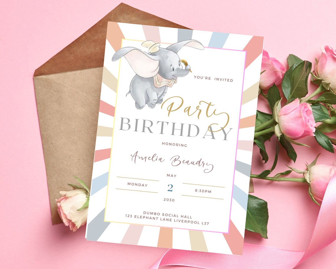 Editable Dumbo Birthday Party Invitation Girl Pink Dumbo Invite ...