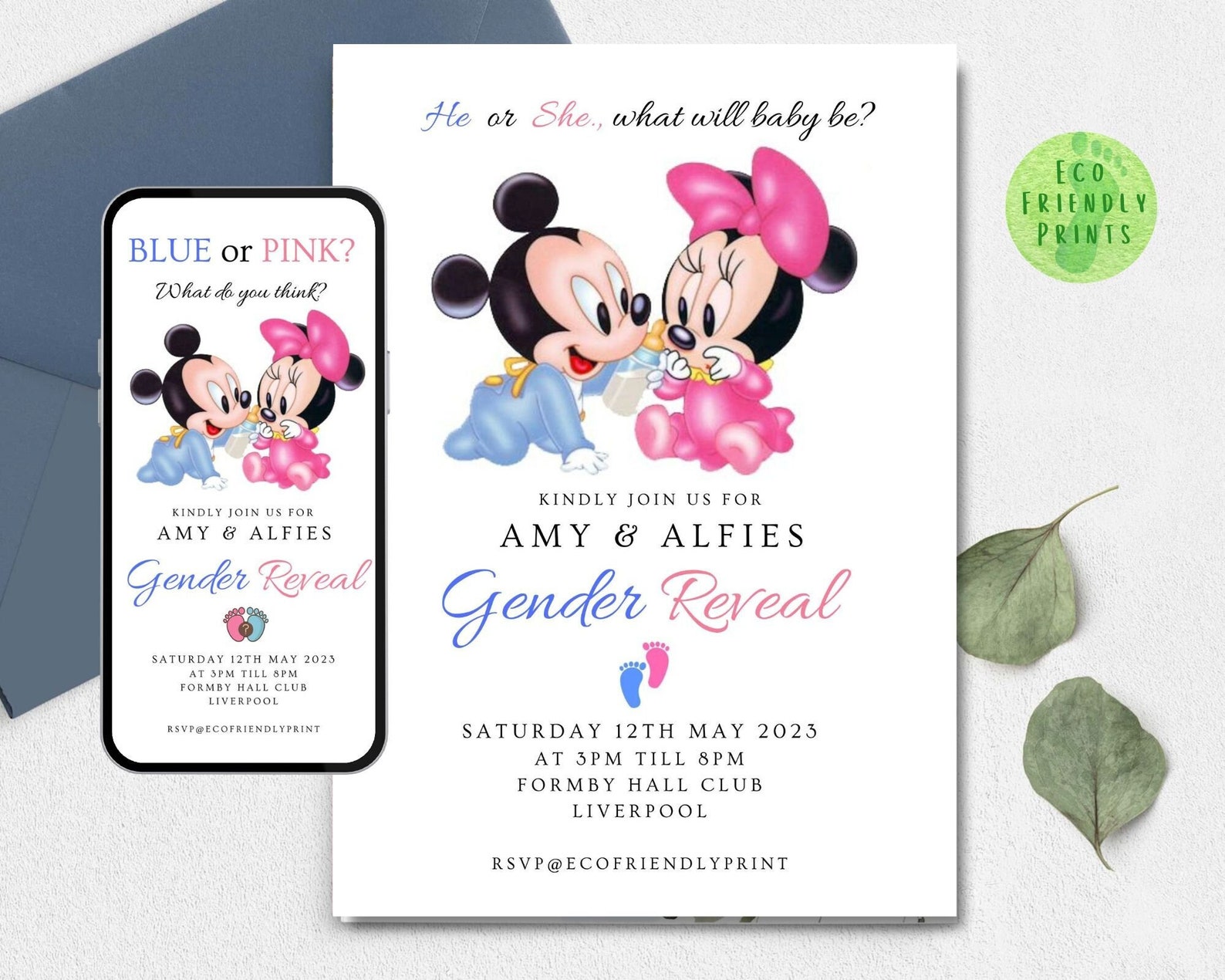 Editable Mickey Mouse Gender Reveal Invitation Gender Neutral Mickey or ...