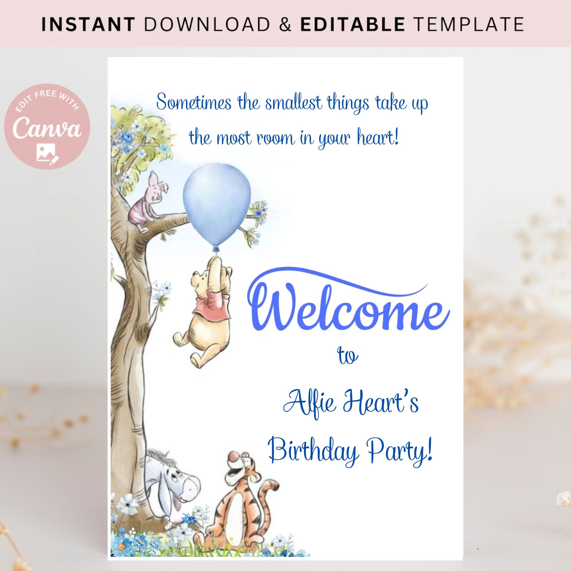 Editable Winnie the Pooh Welcome Sign Pooh Birthday Boy Blue Classic ...