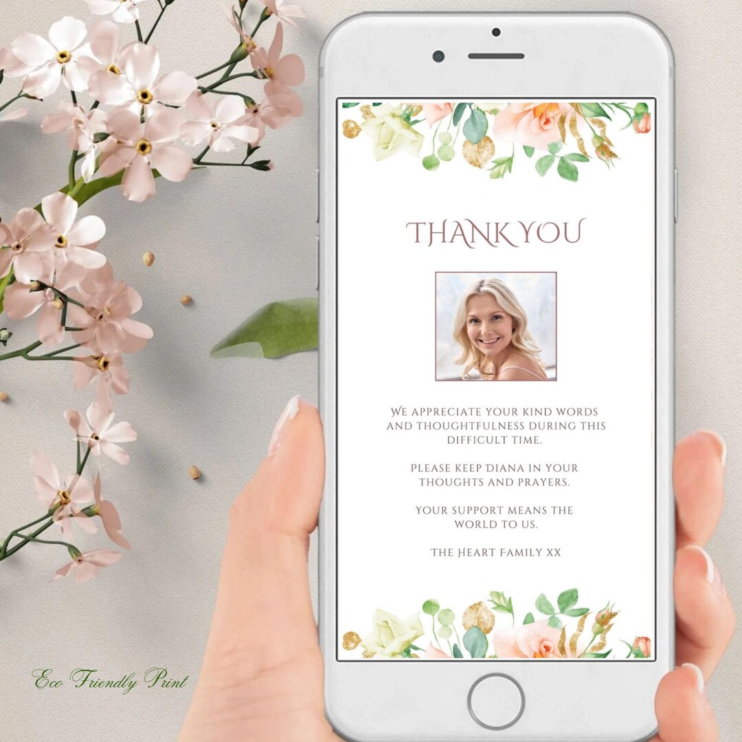 Electronic Funeral Thank You Card Template Digital, Floral Sympathy ...