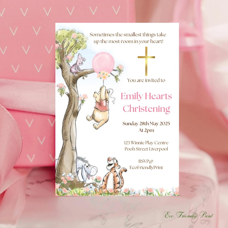 Winnie the Pooh Christening Invitation Girl: Pink Balloon, Editable ...