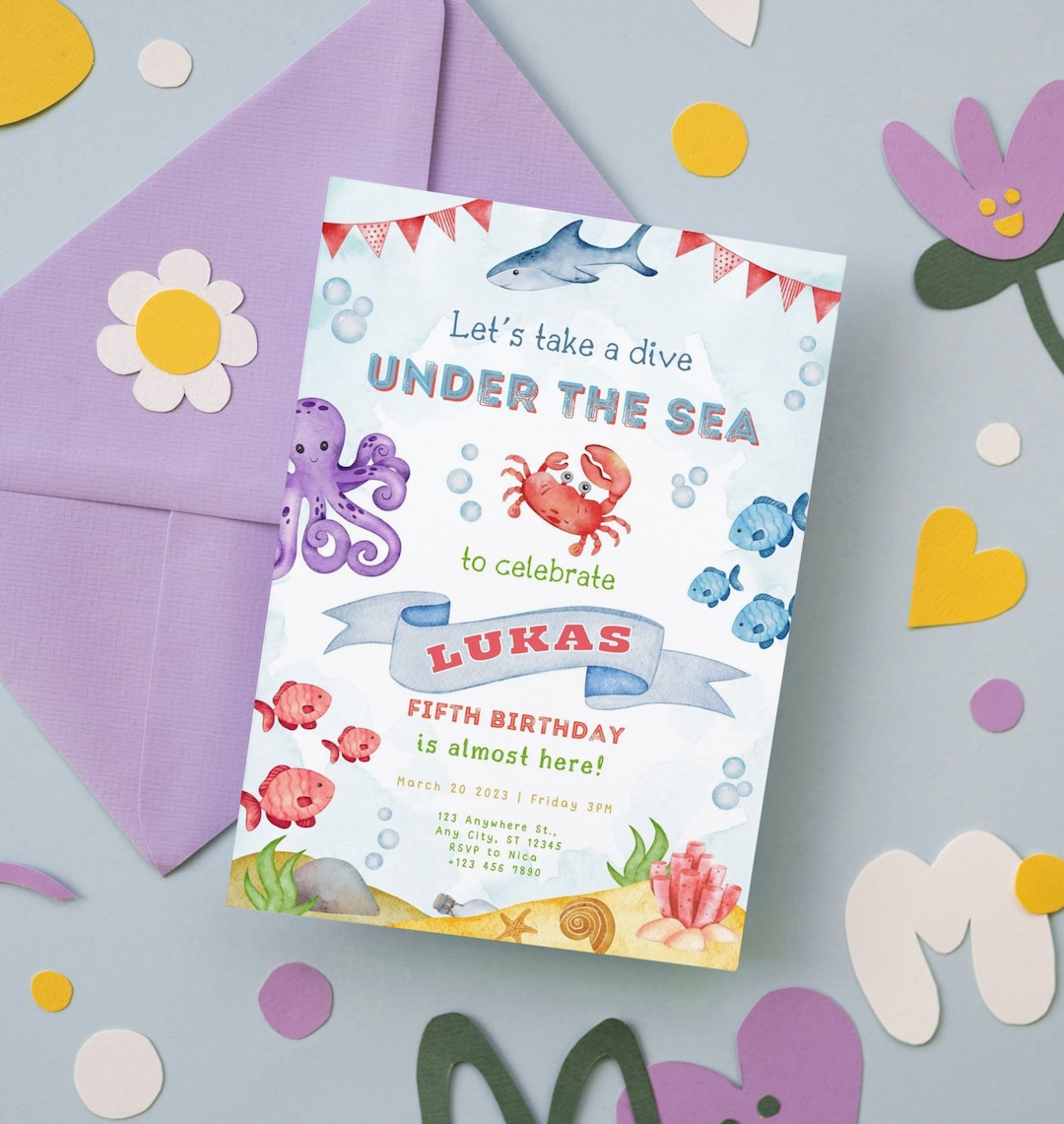Editable Oneder the Sea 1st Birthday Party Invitation Cute Sea ...