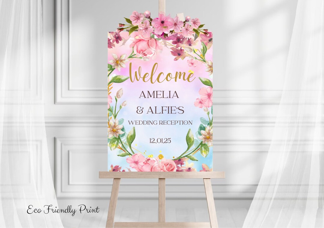 Editable Pink Floral Welcome Sign Flower Birthday Girl or Boy Wedding ...