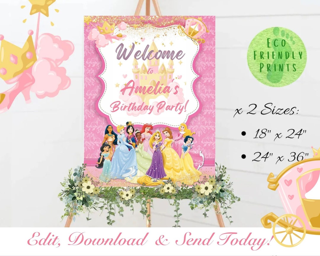 Editable Princess Welcome Sign Princess Birthday Girl Princess Party ...