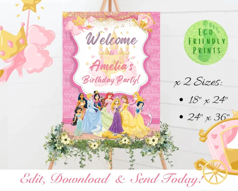 Editable Princess Welcome Sign Princess Birthday Girl Princess Party ...