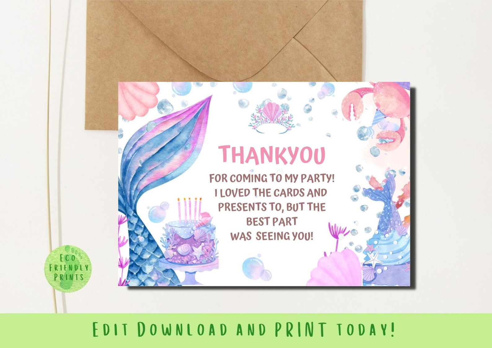 Editable Mermaid Birthday Thank You Card Mermaid Thank You - Etsy