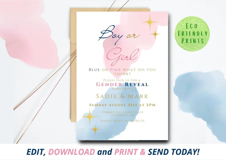 Electronic Gender Reveal Thank You Card Template Editable Digital ...