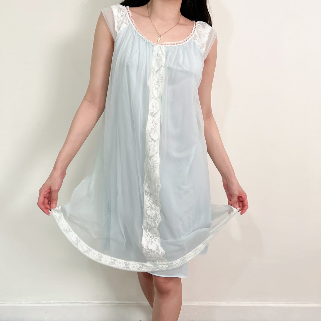 Sz M Vintage Sheer Baby Blue Nylon Lace Double Layerd Babydoll ...