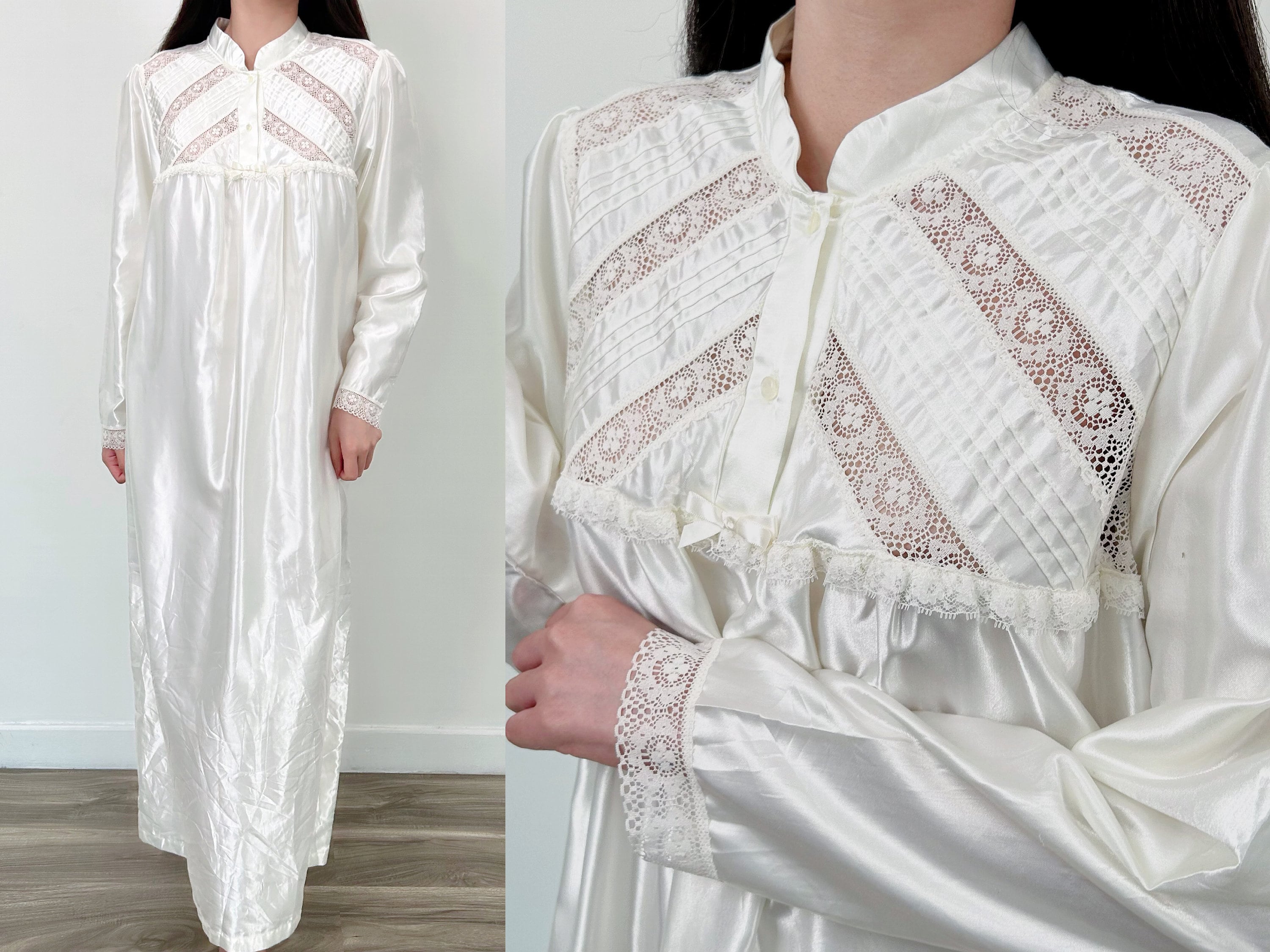 Sz M Vintage ‘babizon’ Ivory White Cotton Negligee Long Sleeve Dress ...