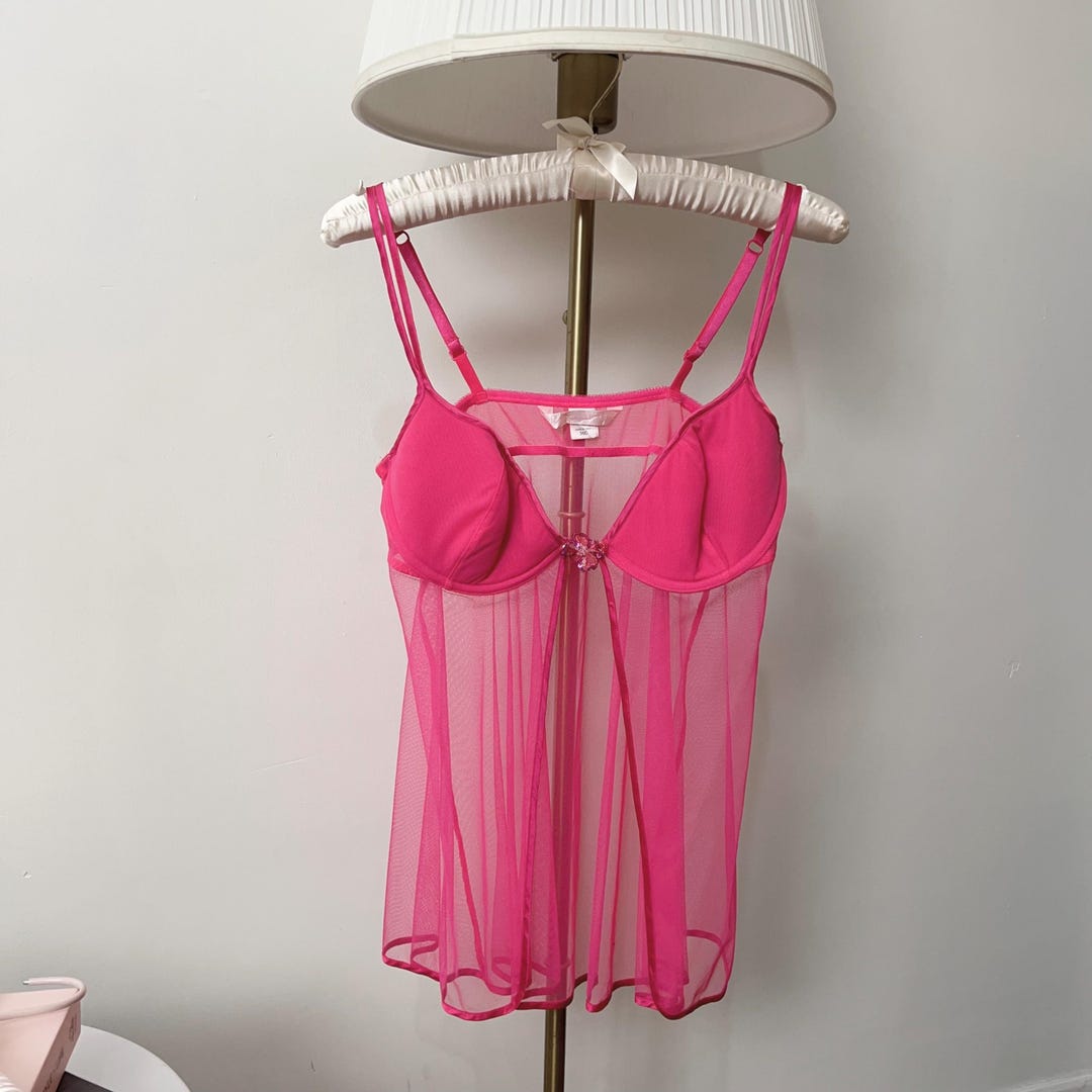 36C Y2K ‘victoria’s Secret’ Sheer Pink Stretch Mesh Tank Top Camisole ...