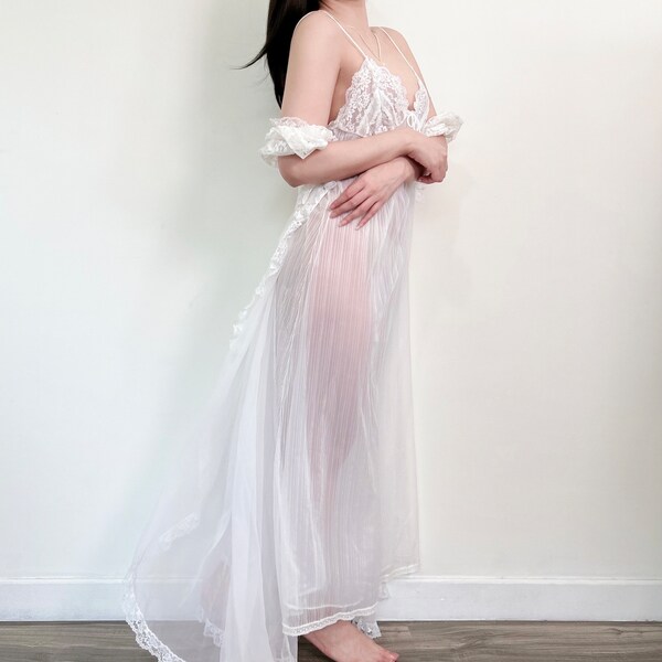 Sz L Lovely Vintage Sheer Pink Lace Long Sleeve Peignoir Lingerie Maxi