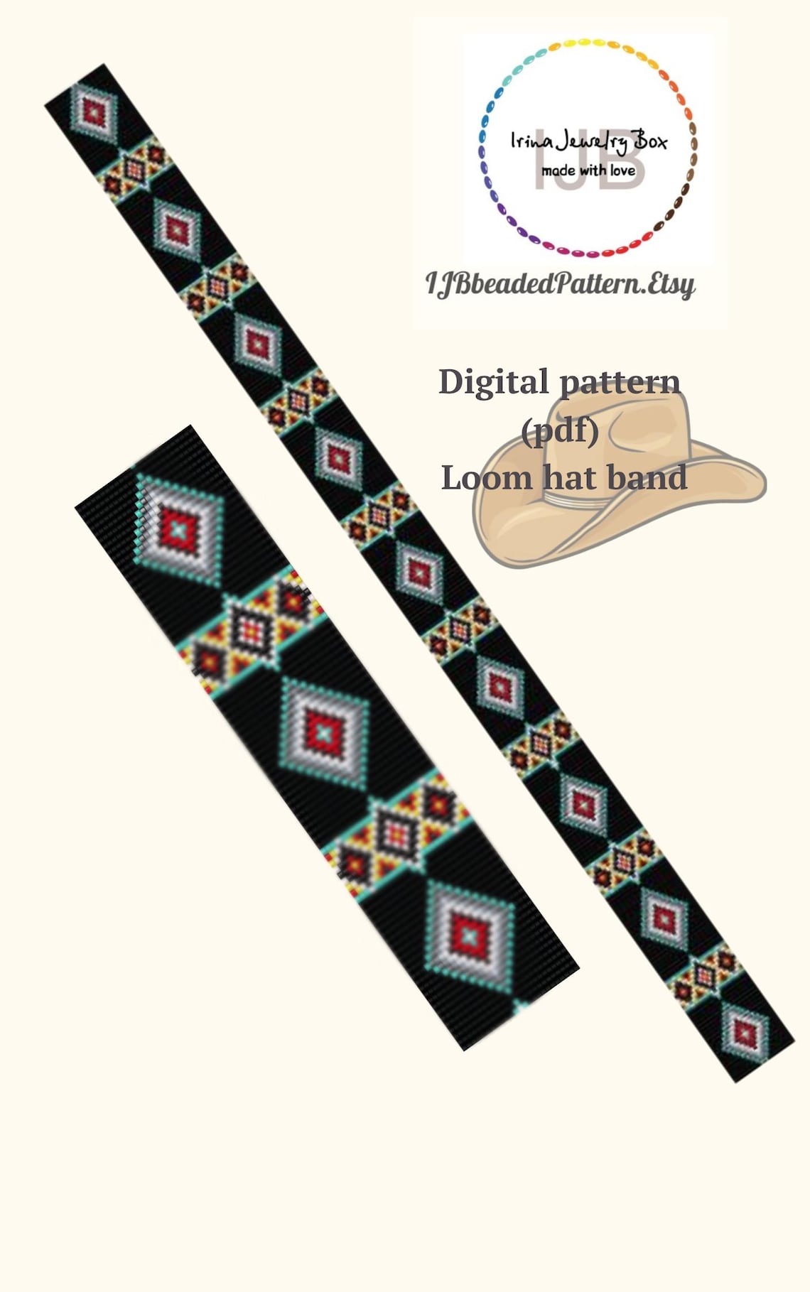 Hat Band Bead Loom Patterns, Turquoise Ornament on Black PDF Beaded Hat ...