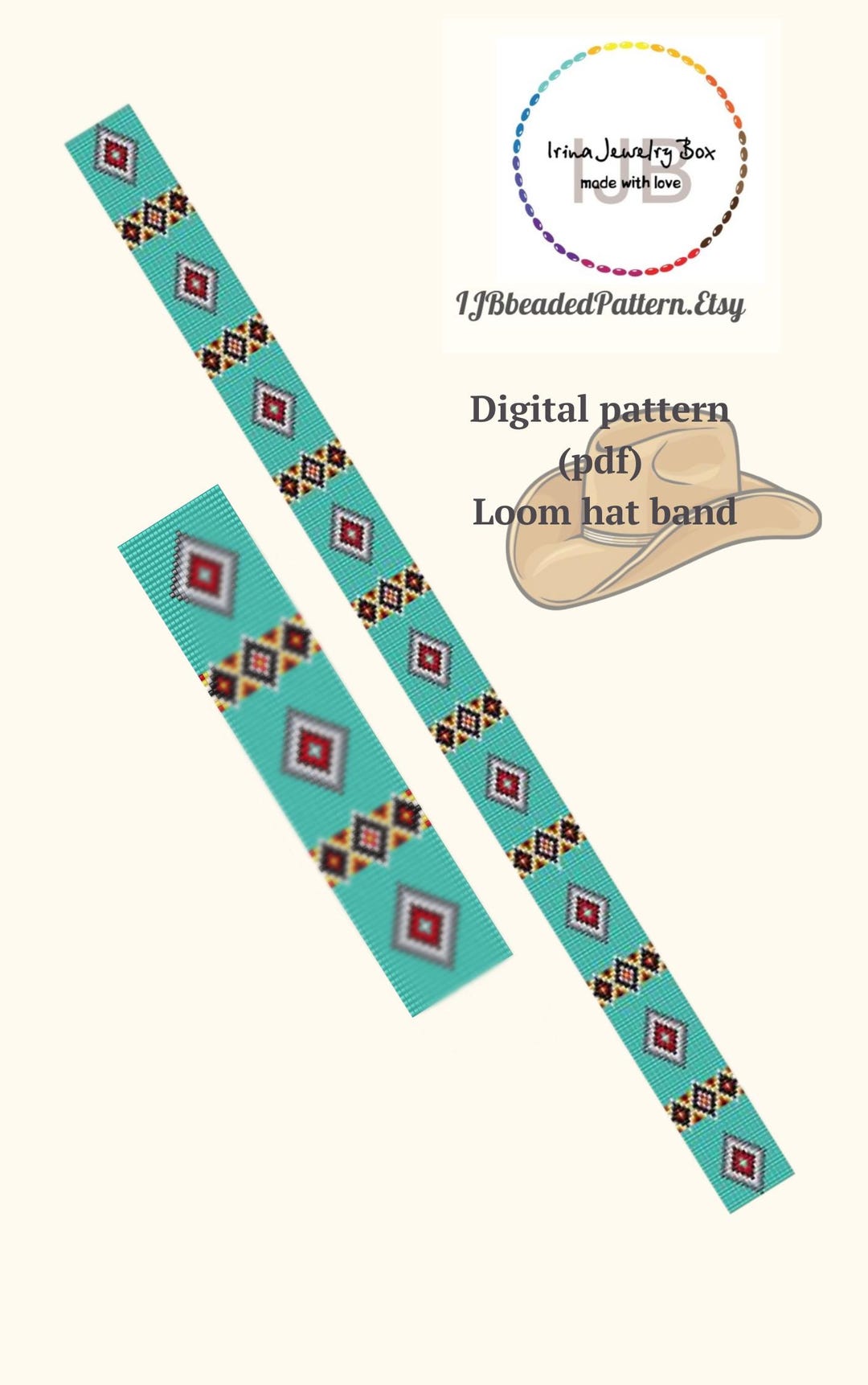 Hat Band Bead Loom Patterns, Turquoise PDF Beaded Hat Band Pattern ...