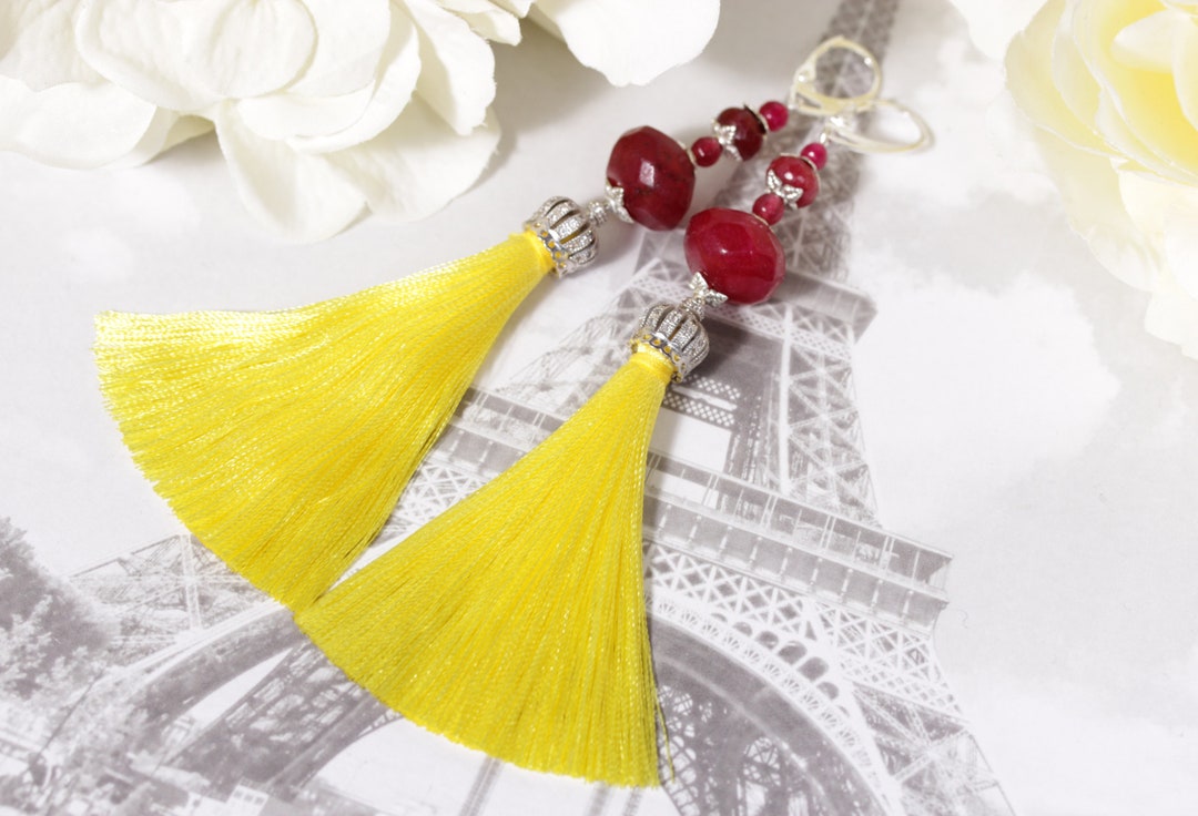 Red Ruby Earrings With Tassels, Long Tassel Yellow Earrings - Etsy