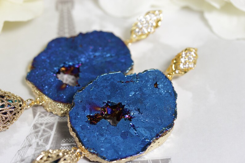 Blue druzy geode slice statement earrings with blue tassels | Etsy