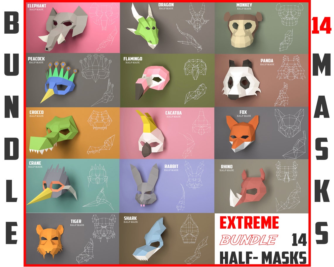 14 DIY Animal Mask Papercraft, Animal Mask Model, Animals 3D, Bundle ...