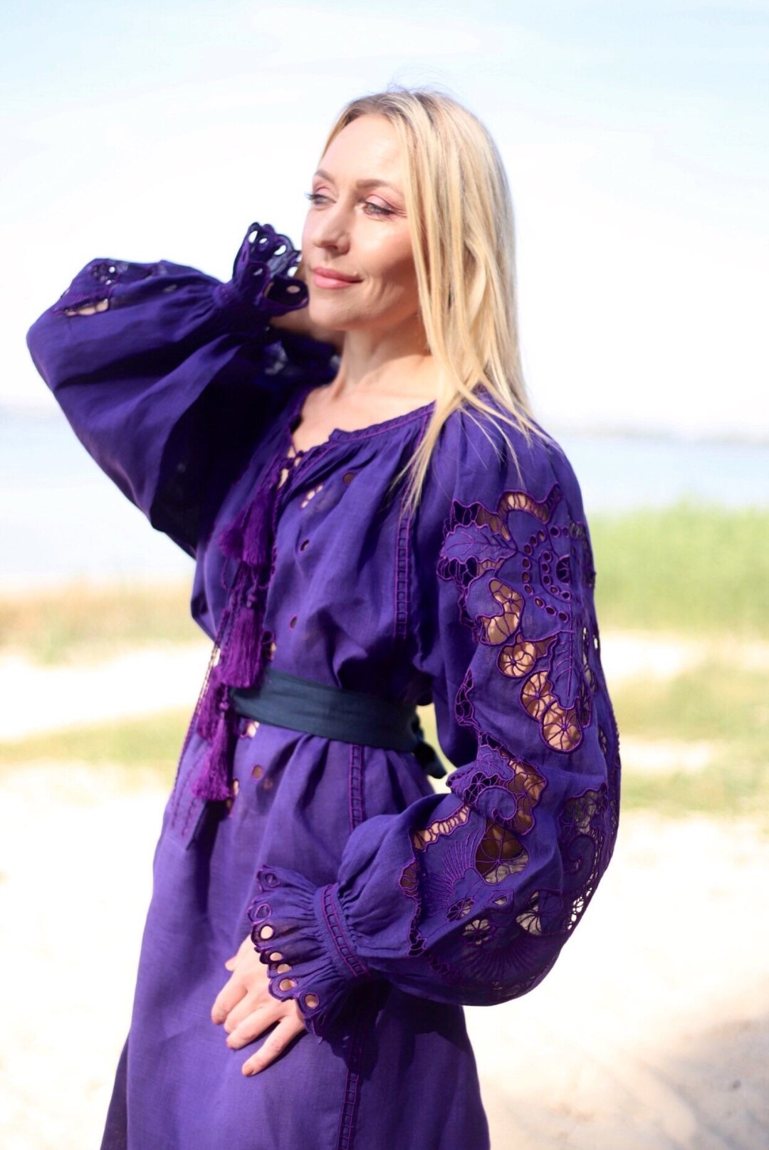 New! Violet Lux Linen Embroidered Dress "richelieu" Ukrainian ...
