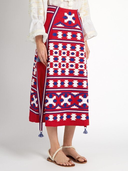 RED Midi Linen Bohemian Embroidered Skirt With Gometric Pattern ...