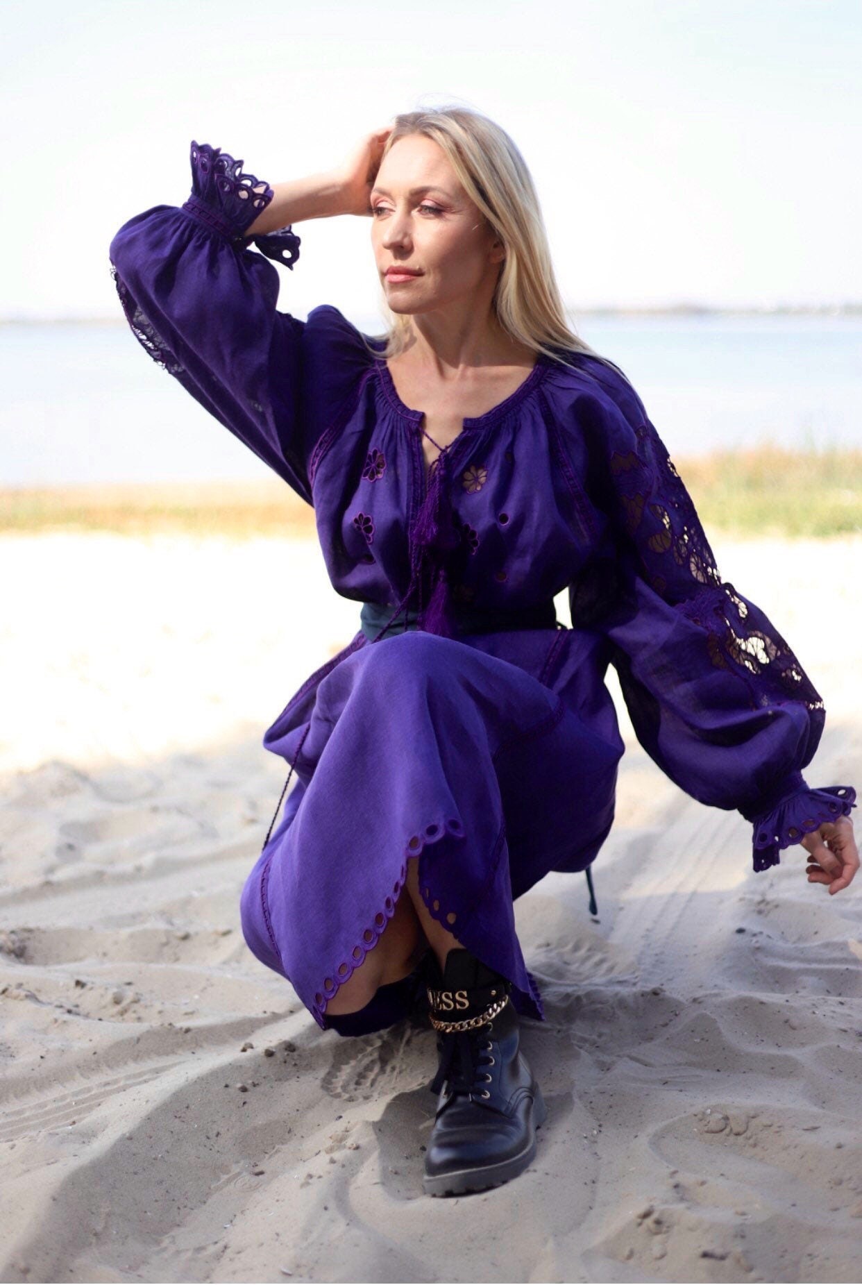 New! Violet Lux Linen Embroidered Dress "richelieu" Ukrainian ...