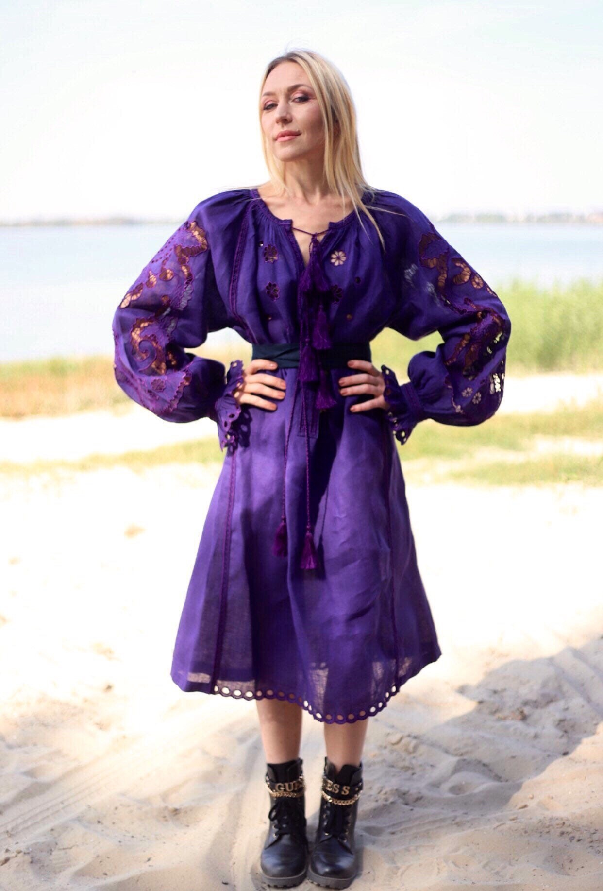 New! Violet Lux Linen Embroidered Dress "richelieu" Ukrainian ...