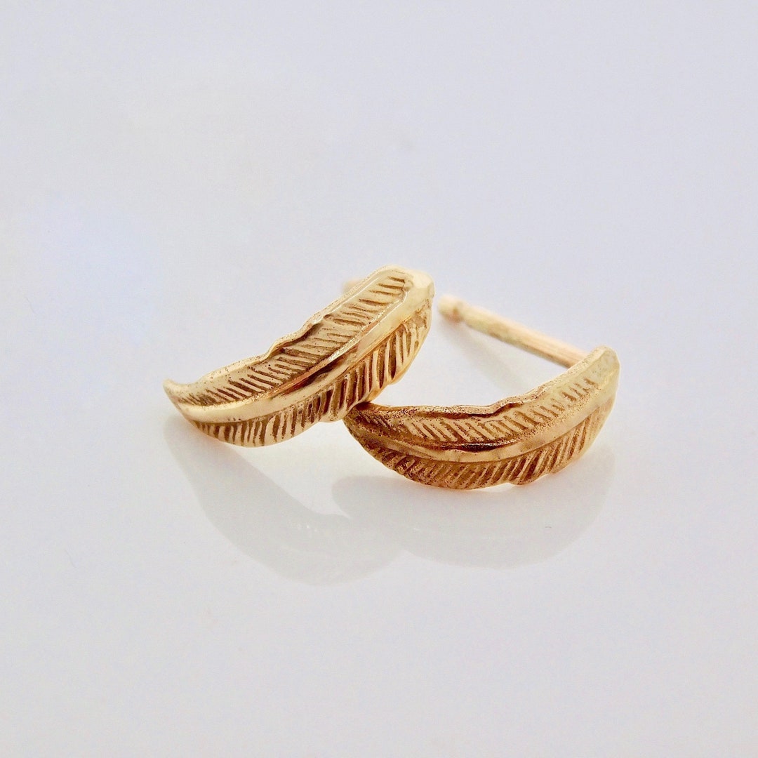 Gold Feather Stud Earrings, Solid Gold Feather Earrings - Etsy