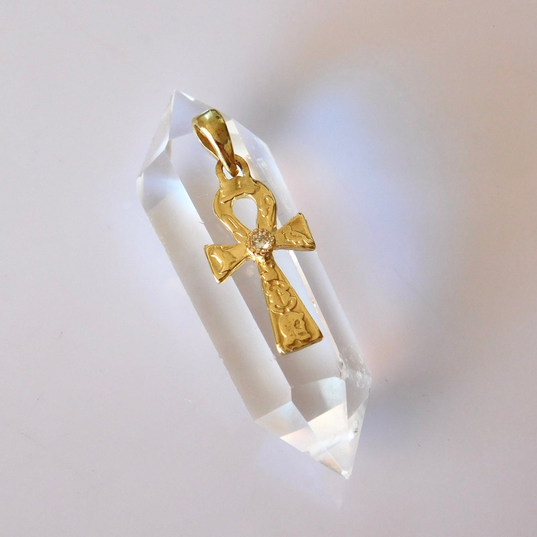 18k Gold Ankh Cross, Key of Life Pendant With Diamond, Gold Egyptian ...