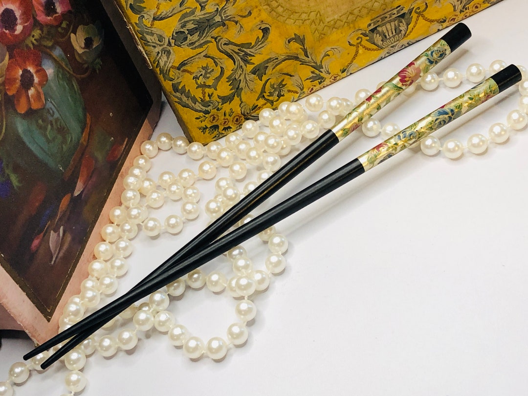 Vintage Black Lacquered Oriental Decorative Chopsticks, Decorative Hair ...