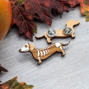 Halloweenie Dachshund Pin Hand Painted Skeleton Dog Brooch Wooden ...