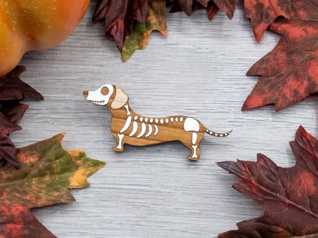 Halloweenie Dachshund Pin Hand Painted Skeleton Dog Brooch Wooden ...