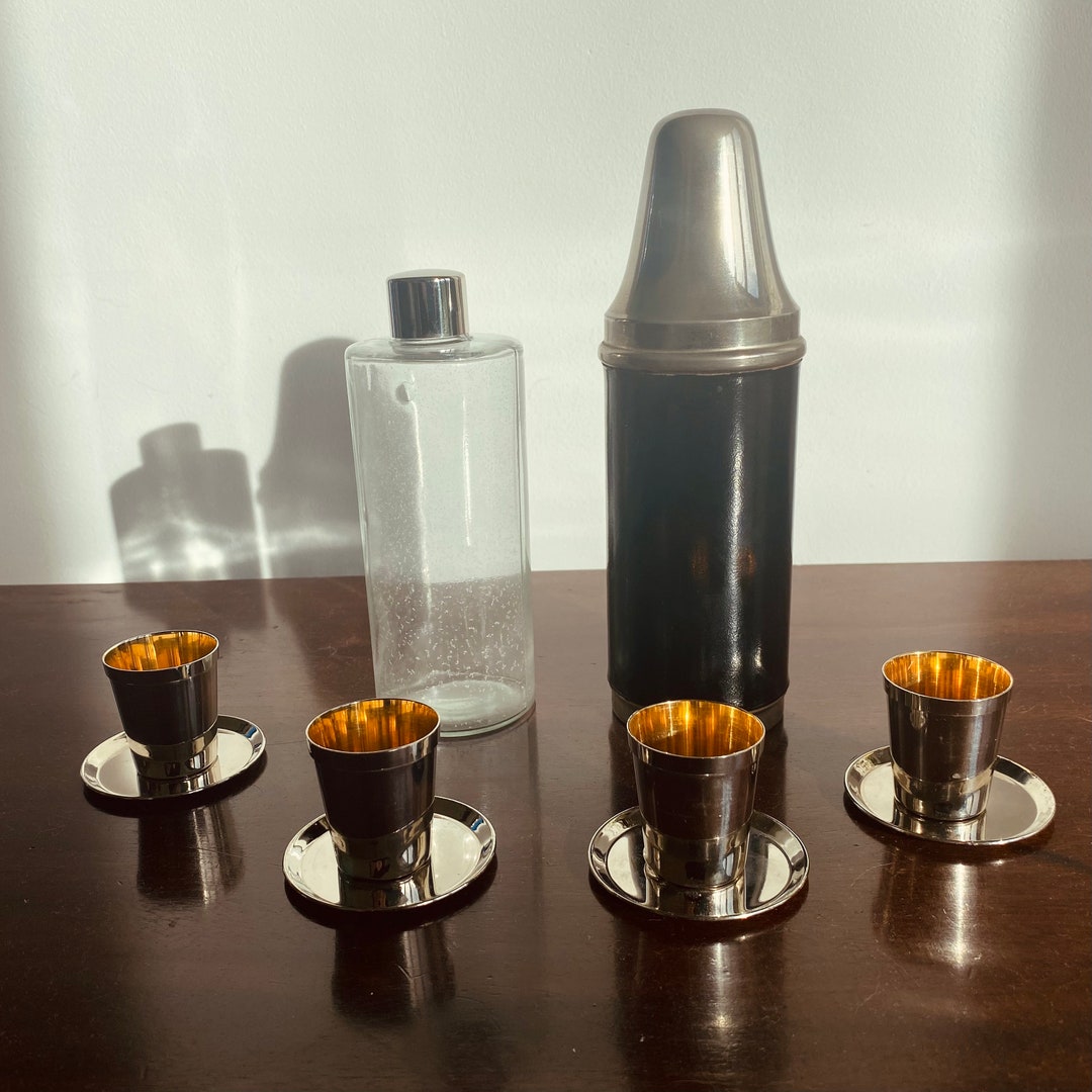 RARE German Nested Travel Flask Set - Travel Bar With Four Shot Glasses ...