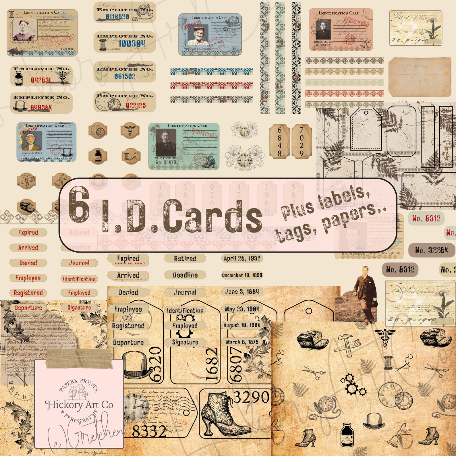 Vintage Look Employee ID Cards, Plus Labels, Tags, Background Papers ...