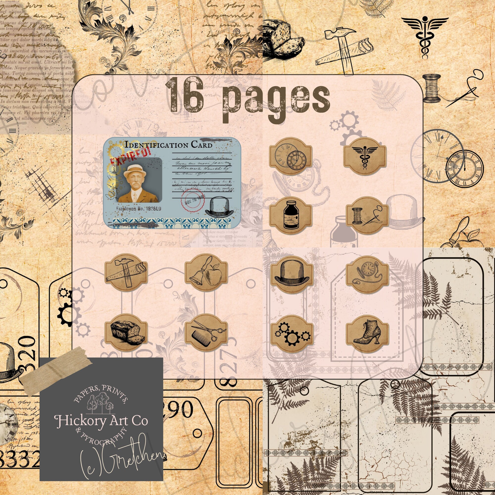Vintage Look Employee ID Cards, Plus Labels, Tags, Background Papers ...