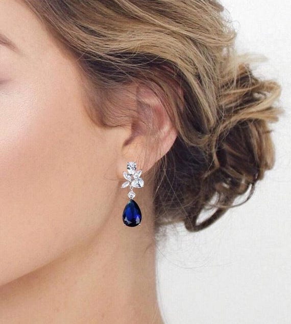 Sapphire Bridal Earrings Crystal Bridal Earrings Blue Sapphire Wedding Earrings Bridal Jewelry Bridesmaids Earrings Crystal Drop Earrings