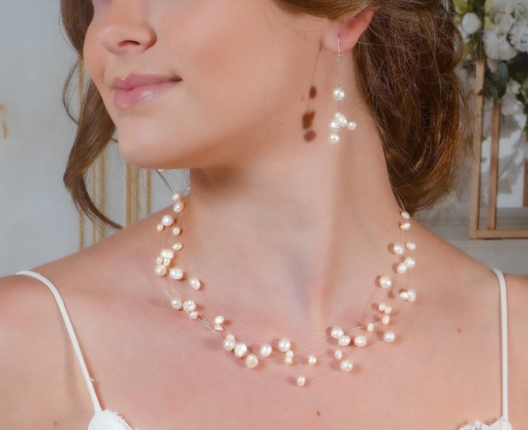 Pearl Necklace Floating Pearl Bridal Necklace Set Pearl Wedding Jewelry ...