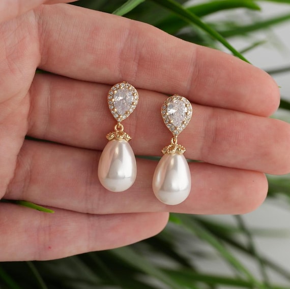 Pearl wedding earrings gold store