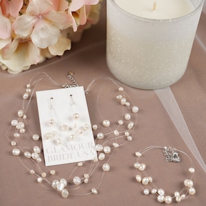 Pearl Necklace Floating Pearl Bridal Necklace Set Pearl Wedding Jewelry ...