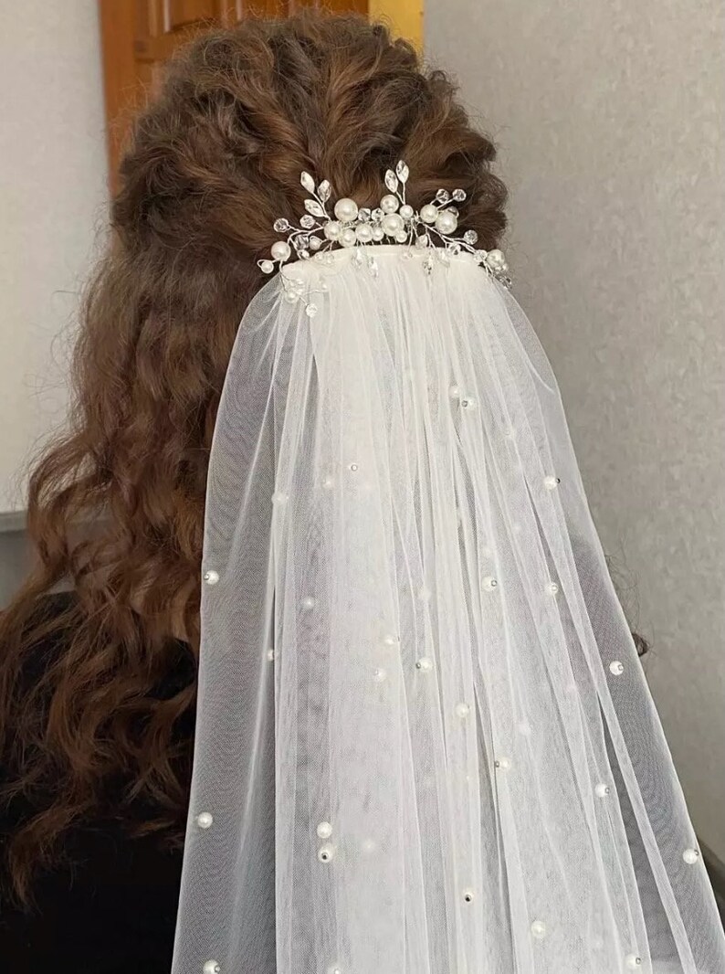 Pearl Veil White Veil With Comb Pearl Veil Ivory Elbow Veil - Etsy