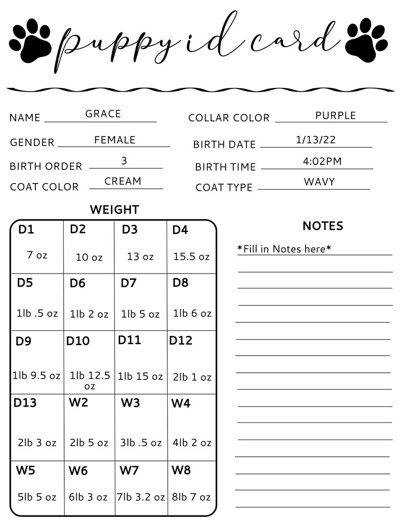 Puppy ID Card, Breeder Document, Instant Digital Download, Editable ...