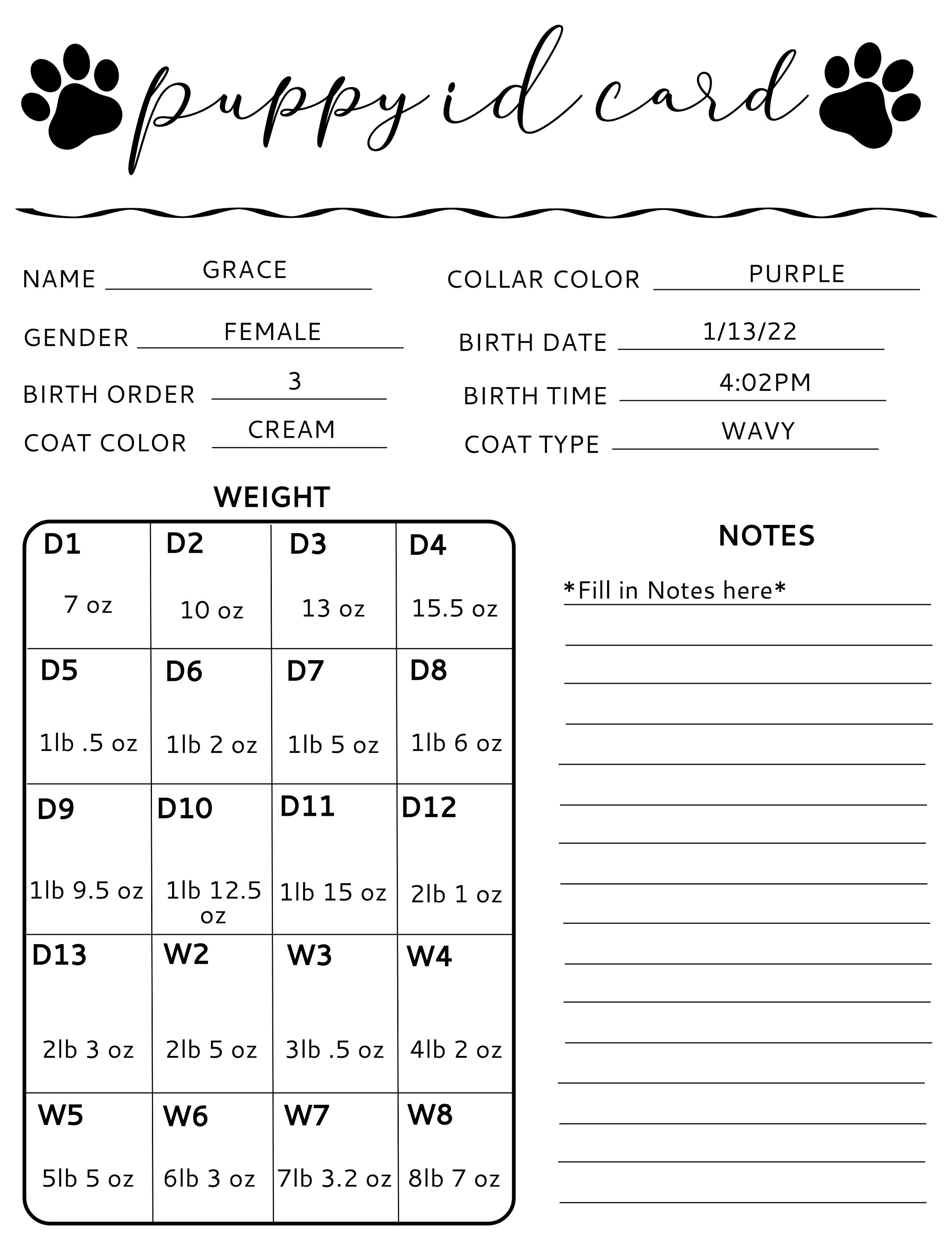 Puppy ID Card, Breeder Document, Instant Digital Download, Editable ...