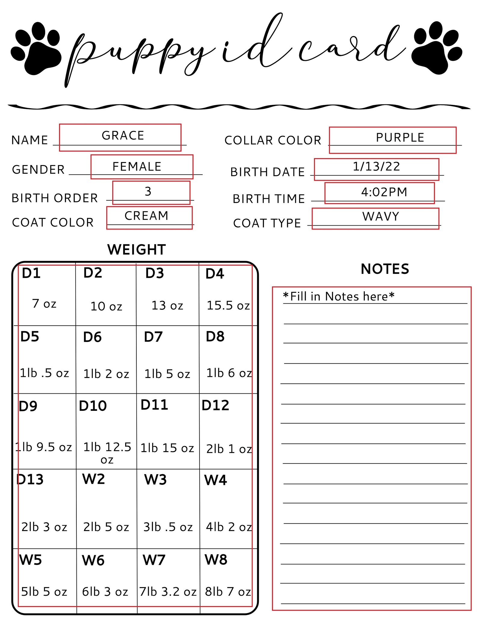 Puppy ID Card, Breeder Document, Instant Digital Download, Editable ...