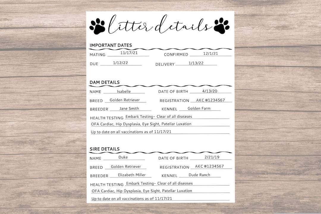 Litter Detail, Breeder Document, Instant Digital Download, Editable ...