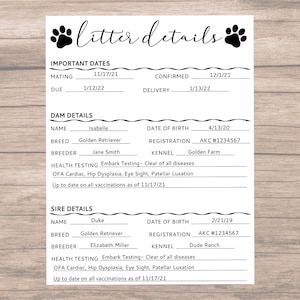 Litter Detail, Breeder Document, Instant Digital Download, Editable ...