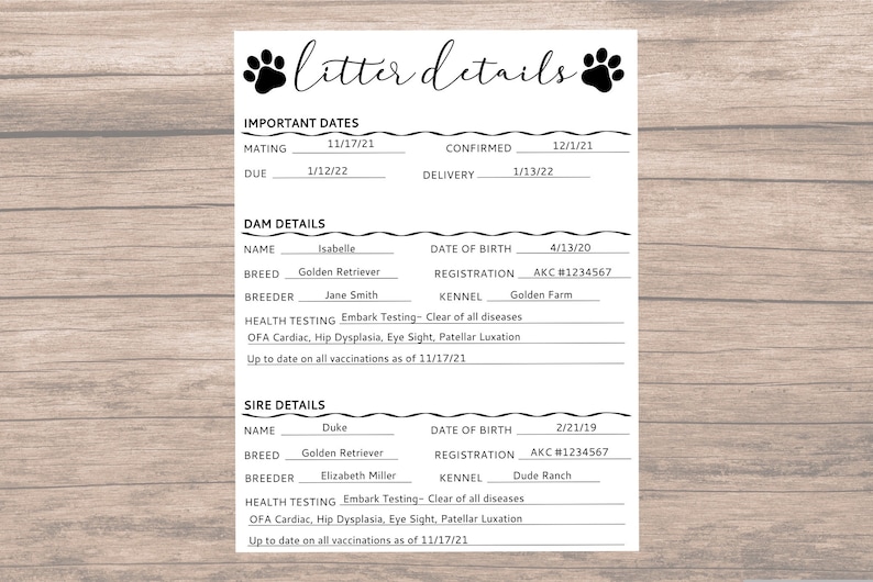 Litter Detail, Breeder Document, Instant Digital Download, Editable ...