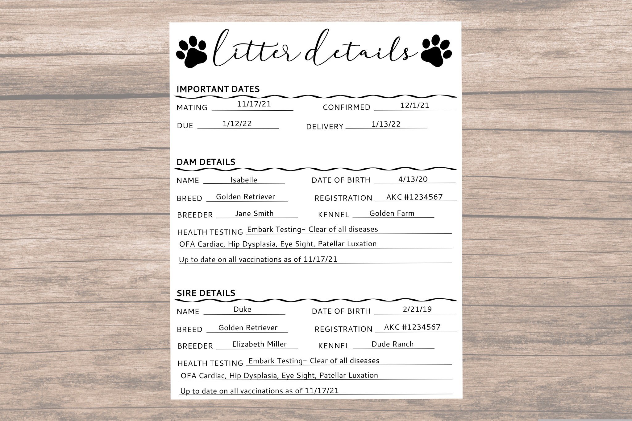 Litter Detail, Breeder Document, Instant Digital Download, Editable ...