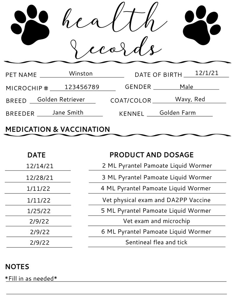 Health Record, Breeder Document, Instant Digital Download, Editable ...