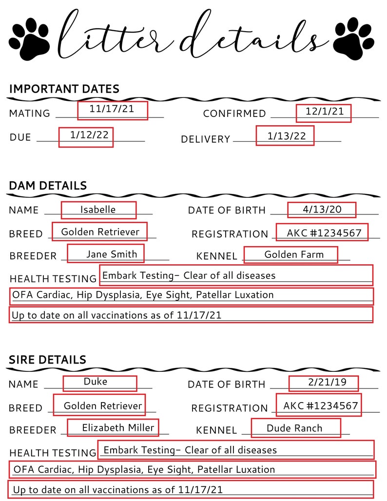 Litter Detail, Breeder Document, Instant Digital Download, Editable ...