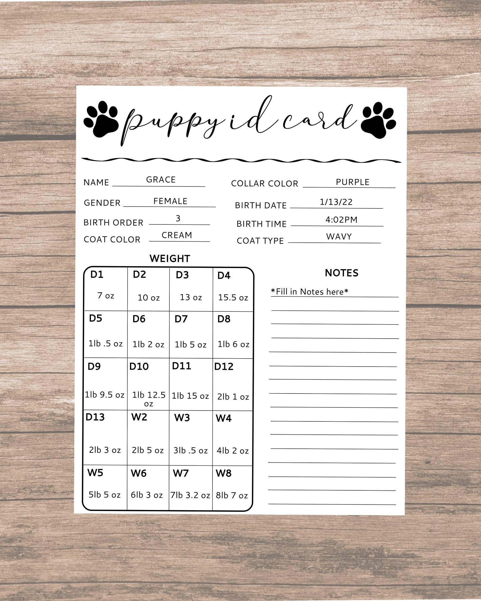 Puppy ID Card, Breeder Document, Instant Digital Download, Editable ...