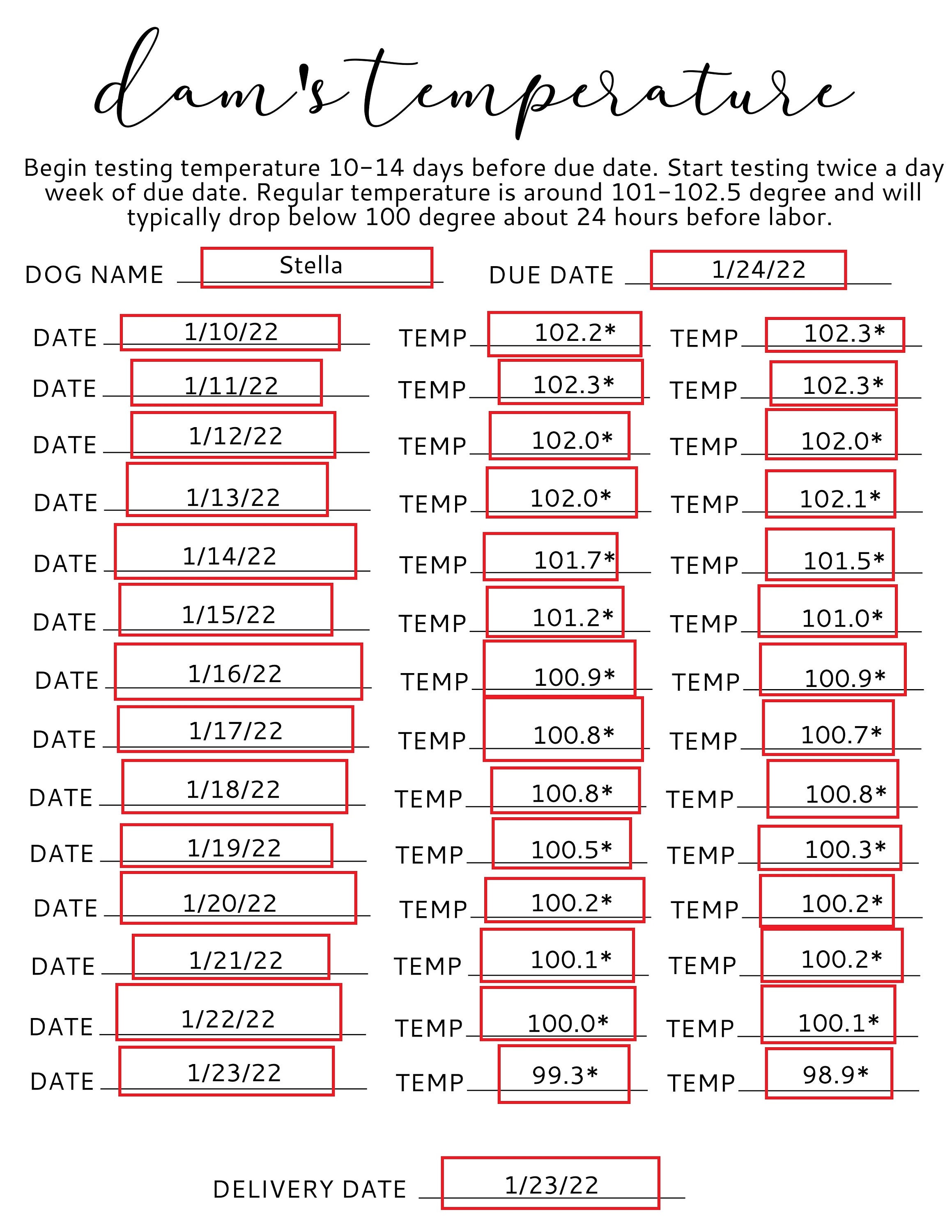 Dam's Temperature Log, Breeder Document, Instant Digital Download ...