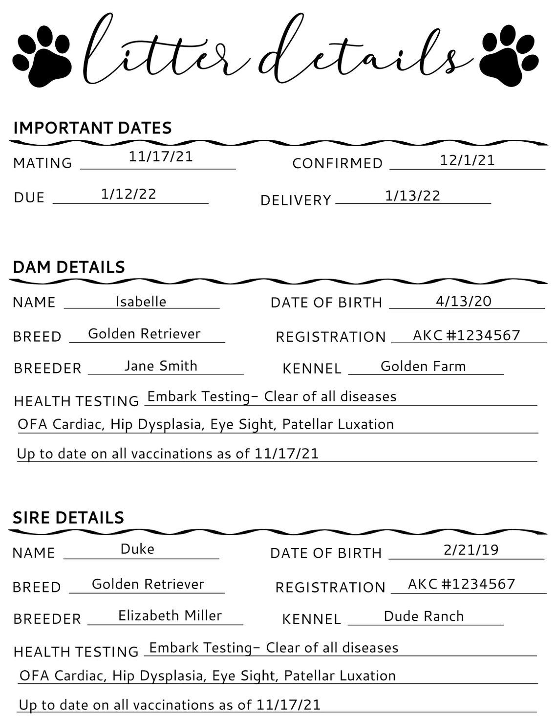 Litter Detail, Breeder Document, Instant Digital Download, Editable ...