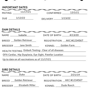 Litter Detail, Breeder Document, Instant Digital Download, Editable ...